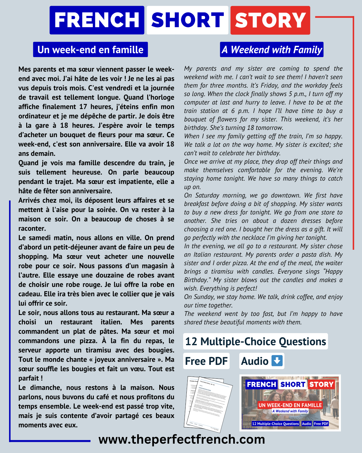 French Short Story #6 for A2 – B1 🇫🇷 - Un week-end en famille (A ...